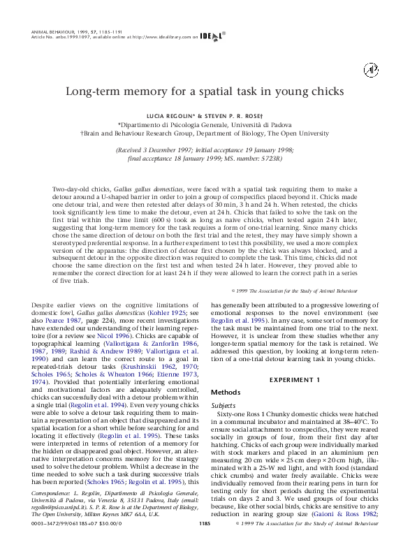 (PDF) Long-term memory for a spatial task in young chicks