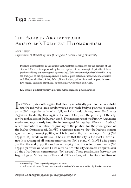 (PDF) The Priority Argument and Aristotle's Political Hylomorphism