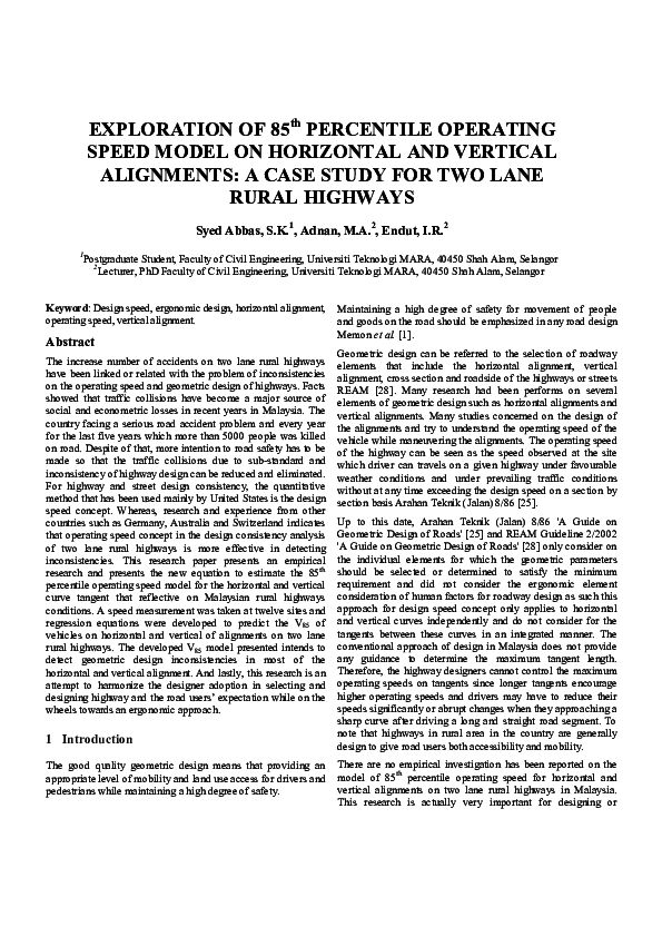 (PDF) Exploration of 85 th Percentile Operating Speed Model on ...