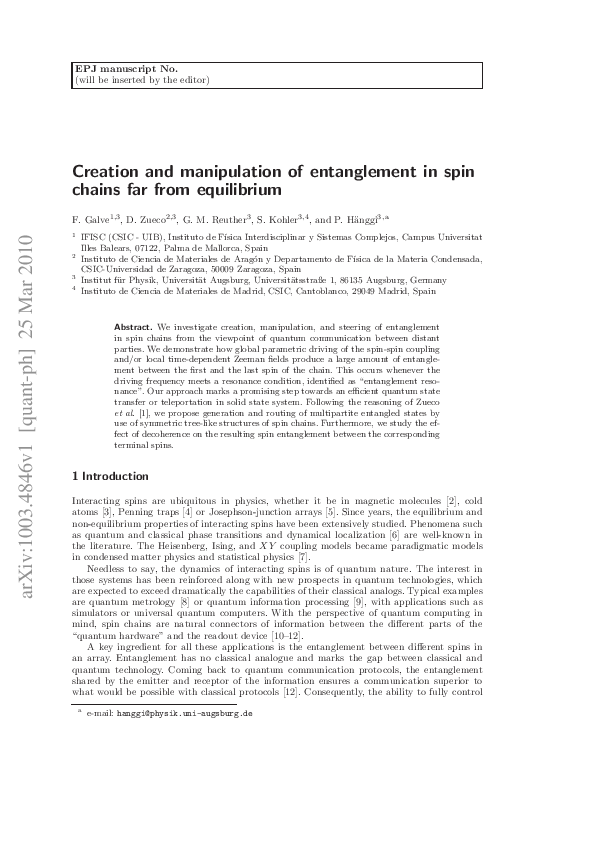 (PDF) Creation and manipulation of entanglement in spin chains far from ...