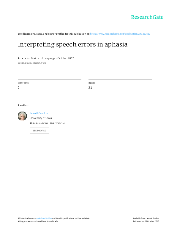(PDF) Interpreting speech errors in aphasia