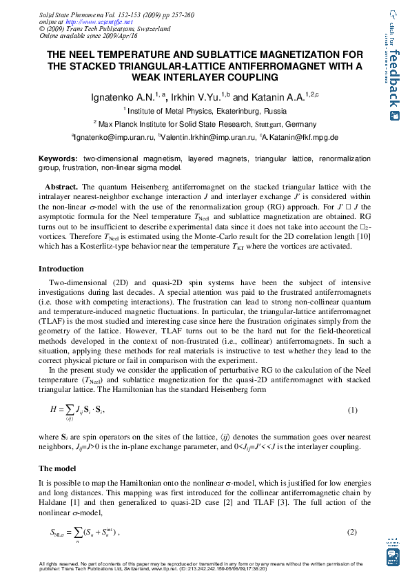 (PDF) The Neel Temperature and Sublattice Magnetization for the Stacked Triangular-Lattice ...