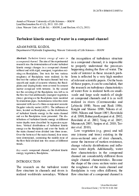 (PDF) Turbulent kinetic energy of water in a compound channel