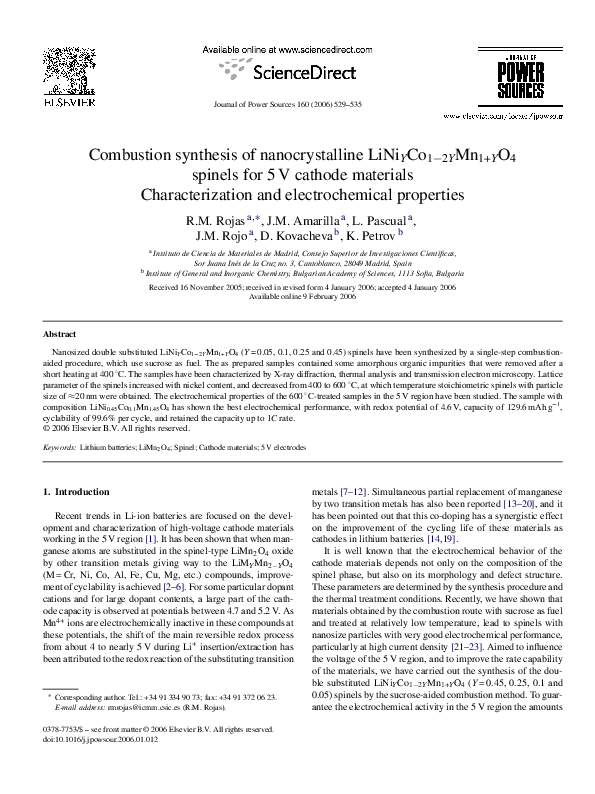 (PDF) Combustion synthesis of nanocrystalline LiNiYCo1−2YMn1+YO4 spinels for 5V cathode ...