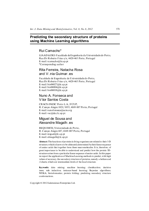 (PDF) Predicting the secondary structure of proteins using Machine Learning algorithms