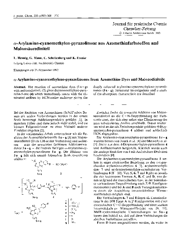 (PDF) α-Arylamino-cyanomethylen-pyrazolinone aus Azomethinfarbstoffen ...