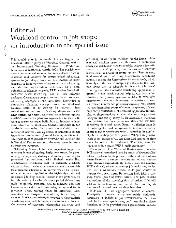 (PDF) Special Issue on Advances in Workload Control in Job Shops