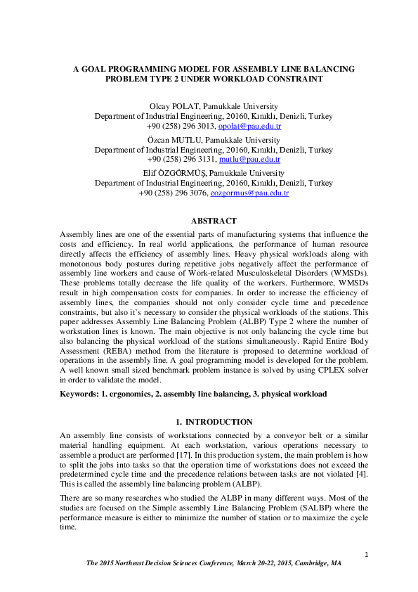 Pdf A Goal Programming Model For Assembly Line Balancing Problem Type 2 Under Workload Constraint