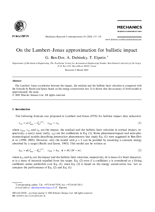 (PDF) On the Lambert–Jonas approximation for ballistic impact