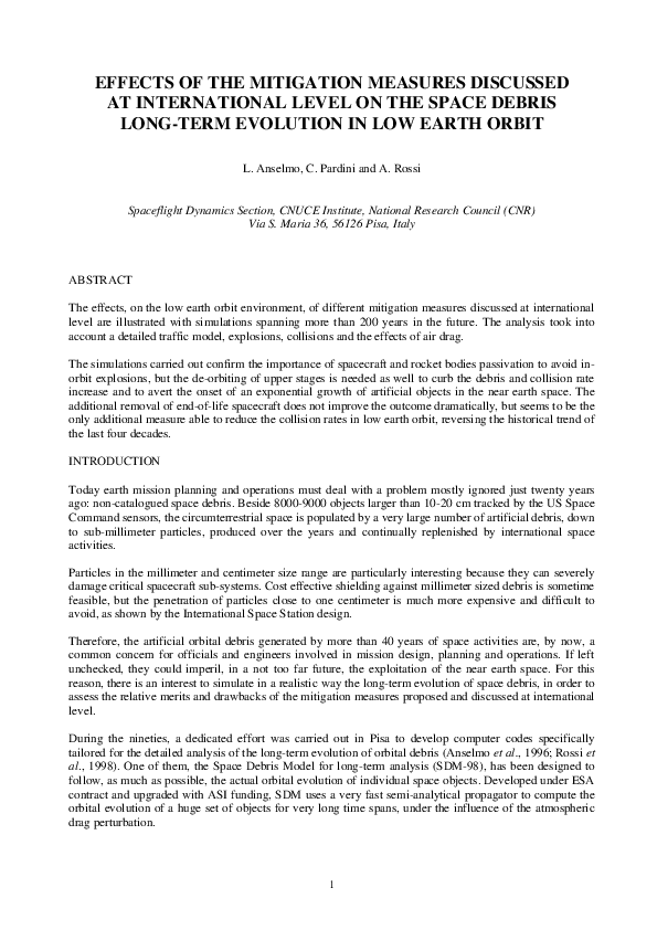 Pdf Effects Of The Mitigation Measures Discussed At International Level On The Space Debris