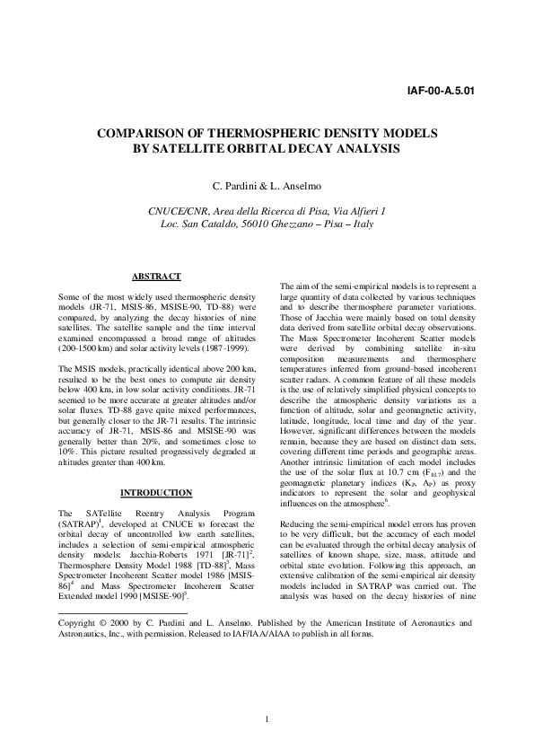 (PDF) COMPARISON OF THERMOSPHERIC DENSITY MODELS BY SATELLITE ORBITAL DECAY ANALYSIS