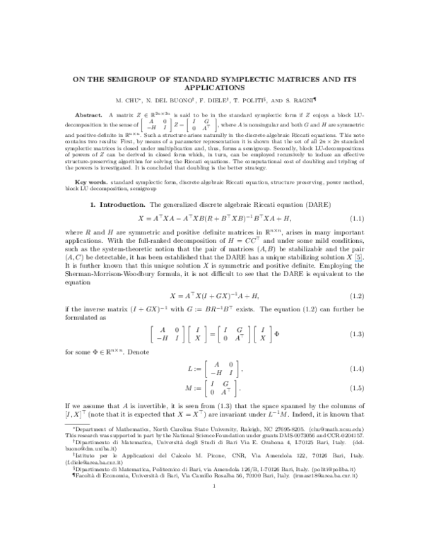 (PDF) On the semigroup of standard symplectic matrices and its applications