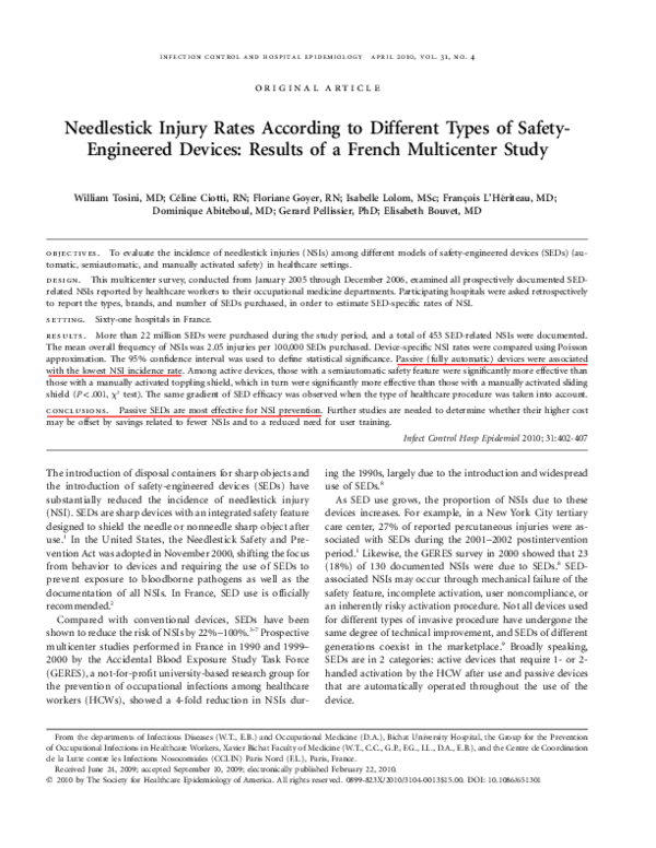 (PDF) Needlestick Injury Rates According to Different Types of Safety ...