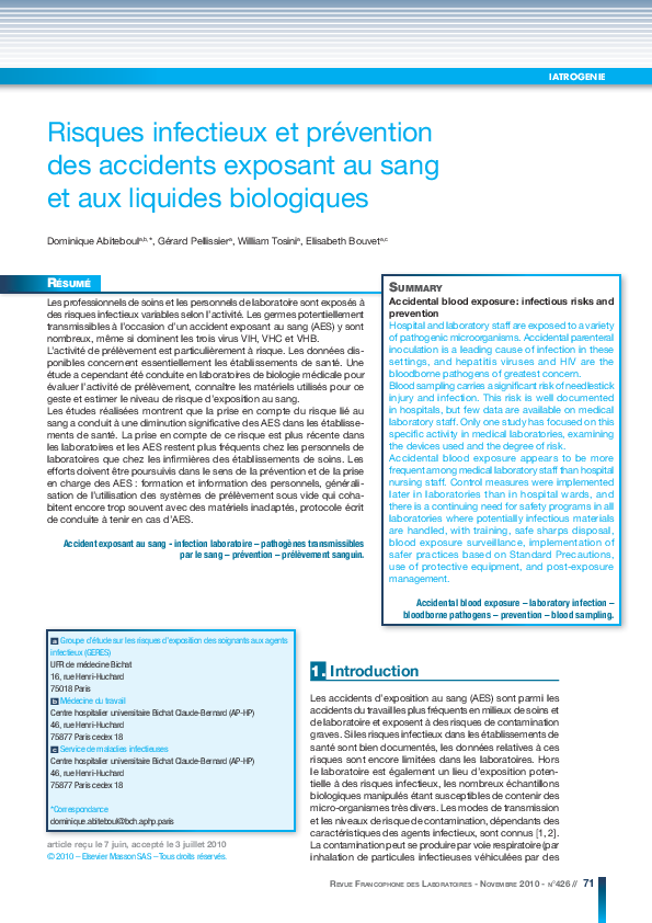 (PDF) Risques infectieux et prévention des accidents exposant au sang et aux liquides biologiques