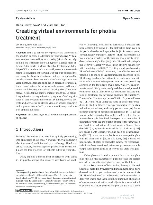 (PDF) Creating virtual environments for phobia treatment