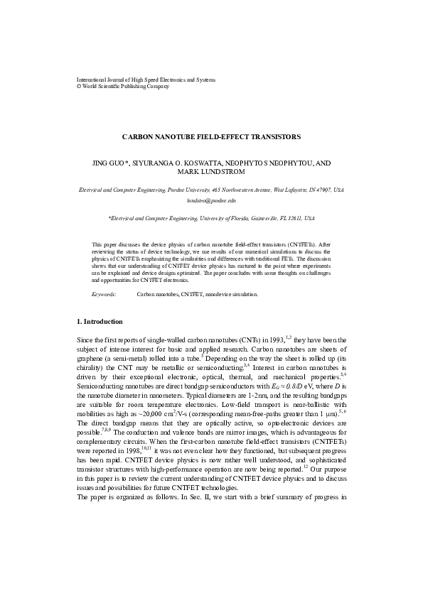 Pdf Carbon Nanotube Field Effect Transistors
