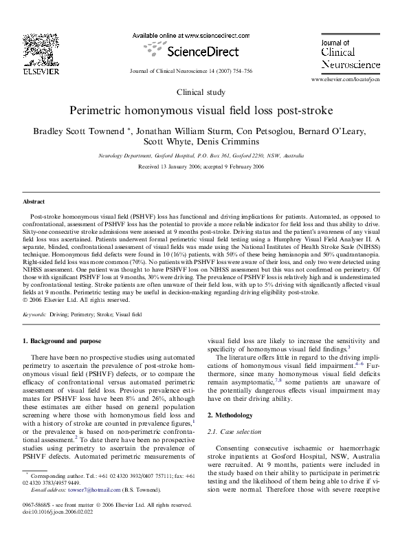 (PDF) Perimetric homonymous visual field loss post-stroke