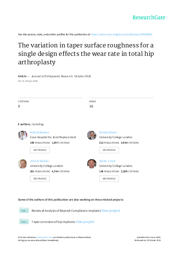 (PDF) The variation in taper surface roughness for a single design ...