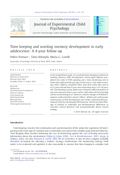 (PDF) Time keeping and working memory development in early adolescence ...