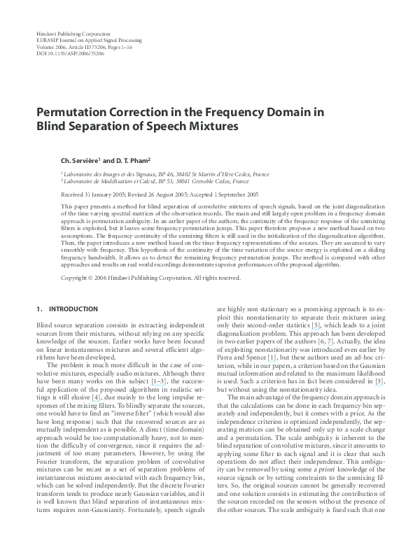 Pdf Permutation Correction In The Frequency Domain In Blind Separation Of Speech Mixtures