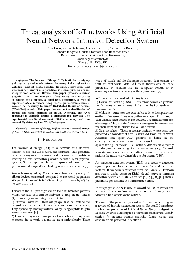 (DOC) Threat analysis of IoT networks Using Artificial Neural Network Intrusion Detection System