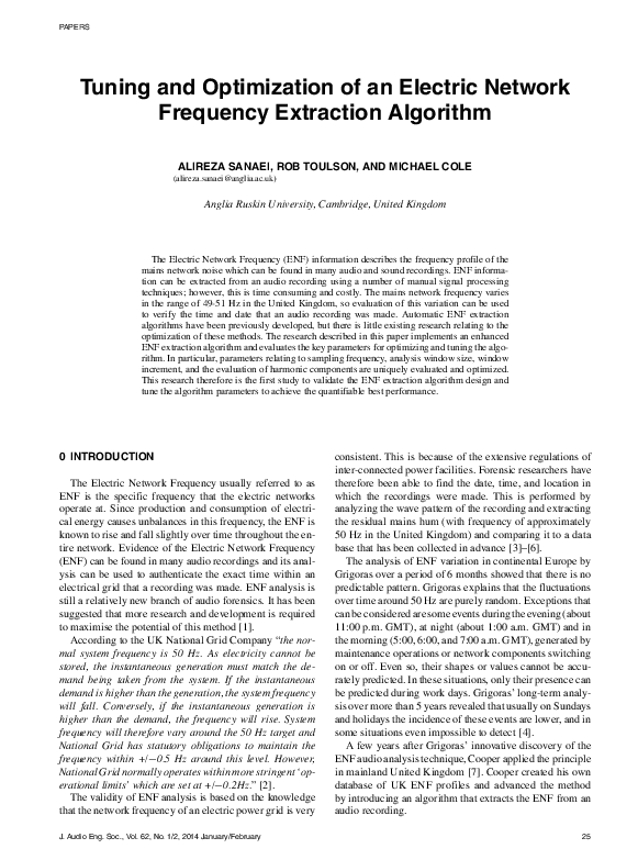 (PDF) Tuning and Optimization of an Electric Network Frequency Extraction Algorithm