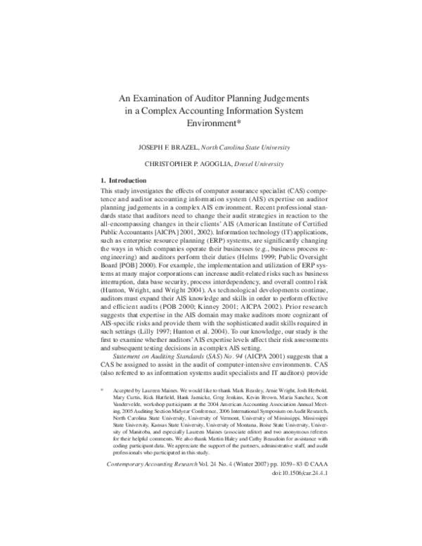 (PDF) An Examination of Auditor Planning Judgements in a Complex ...