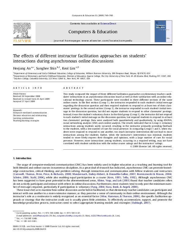 (PDF) The effects of different instructor facilitation approaches on students' interactions ...