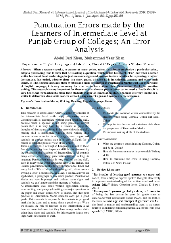 (PDF) Punctuation Errors made by the Learners of Intermediate Level at ...