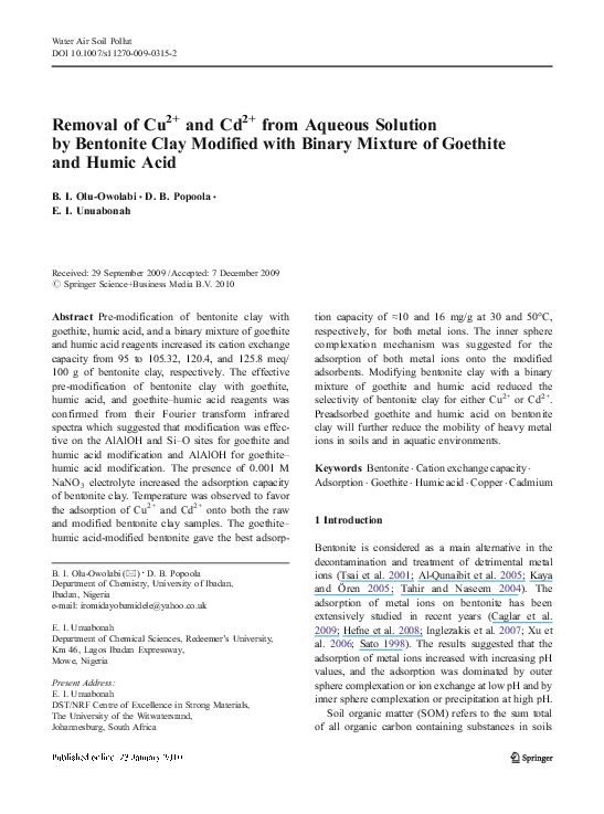 (PDF) Removal of Cu2+ and Cd2+ from Aqueous Solution by Bentonite Clay Modified with Binary ...