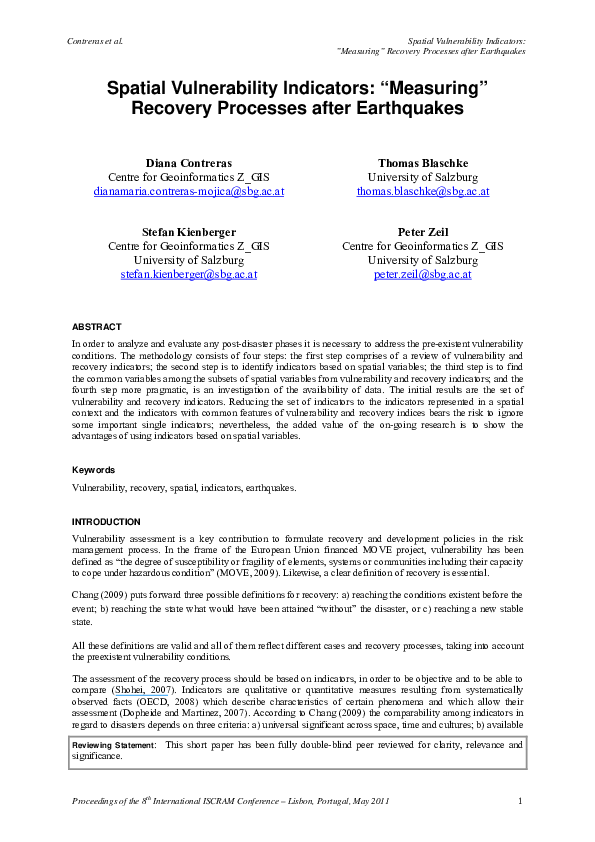 (PDF) Spatial Vulnerability Indicators: Measuring Recovery Processes ...