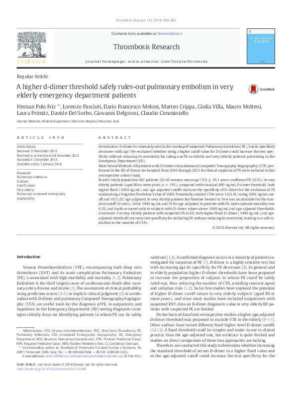 (PDF) A higher d-dimer threshold safely rules-out pulmonary embolism in ...