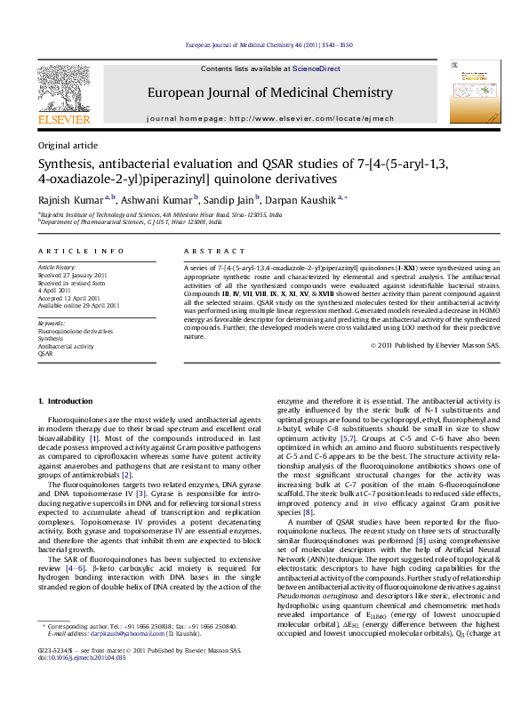 (PDF) Synthesis, antibacterial evaluation and QSAR studies of 7-[4-(5-aryl-1,3,4-oxadiazole-2-yl ...