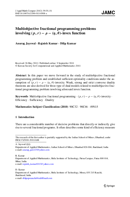 Pdf Multiobjective Fractional Programming Problems Involving P R −ρ− η θ Invex Function