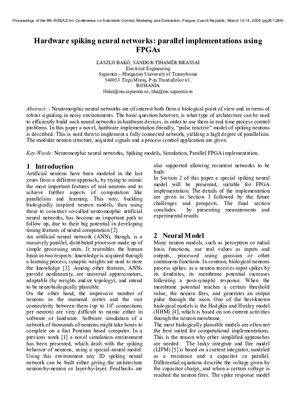 Pdf Hardware Spiking Neural Networks Parallel Implementations Using Fpgas