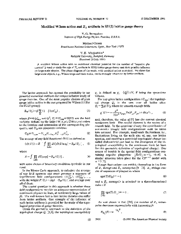 (PDF) Modified Wilson action and Z2 artifacts in SU(2) lattice gauge theory