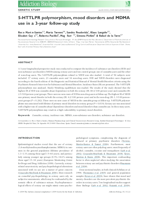(PDF) 5-HTTLPR polymorphism, mood disorders and MDMA use in a 3-year ...