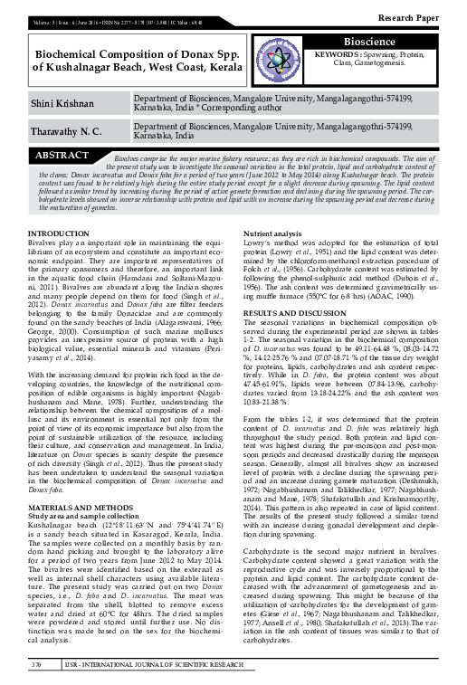 (PDF) Biochemical composition of Donax spp. of Kushalnagar beach, West ...