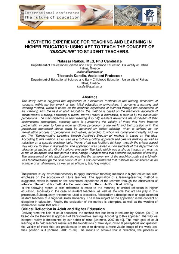 (PDF) Aesthetic experience for teaching and learning in Higher ...