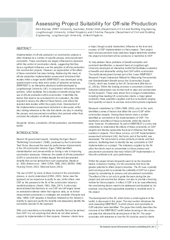 (PDF) Assessing Project Suitability for Off-site Production