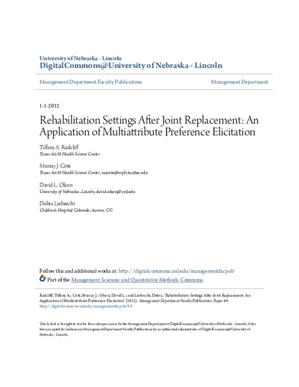 (PDF) Rehabilitation Settings After Joint Replacement: An Application of Multiattribute ...