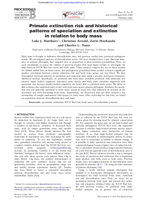 (PDF) Primate extinction risk and historical patterns of speciation and ...