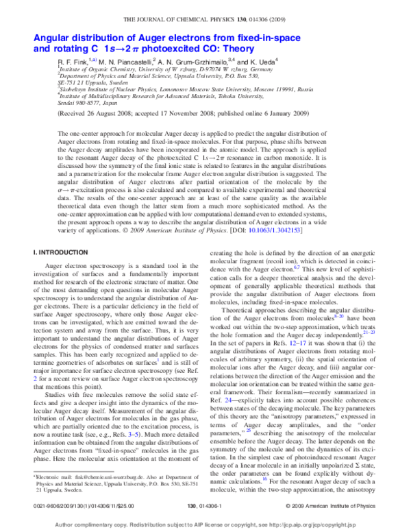 (PDF) Angular distribution of Auger electrons from fixed-in-space and rotating C 1s→2π ...