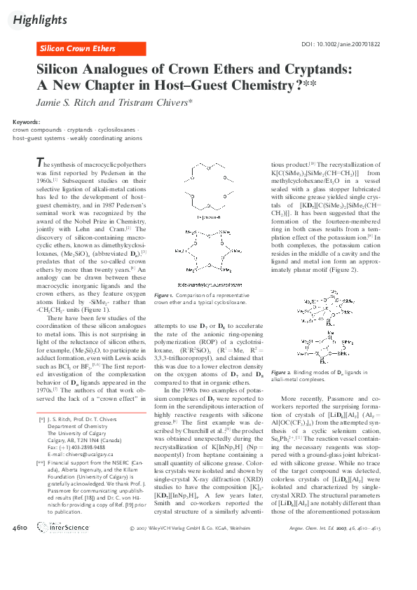 (PDF) Silicon Analogues of Crown Ethers and Cryptands: A New Chapter in Host–Guest Chemistry?