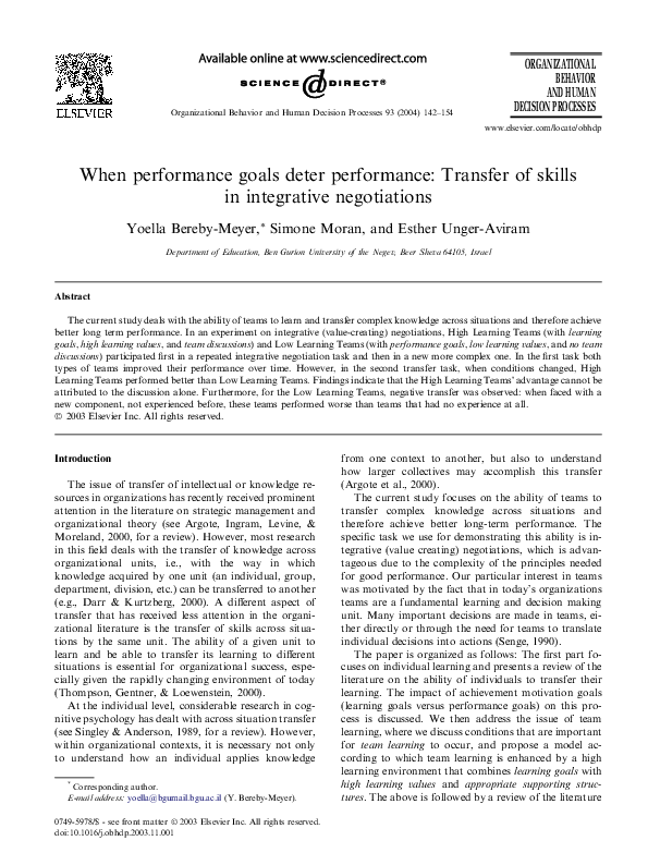 (PDF) When performance goals deter performance: Transfer of skills in ...