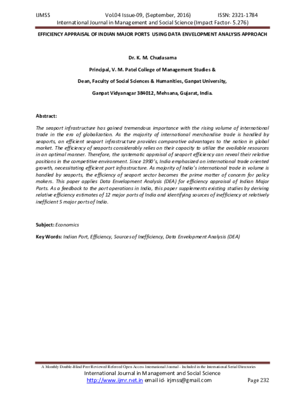 Pdf Efficiency Appraisal Of Indian Major Ports Using Data Envelopment