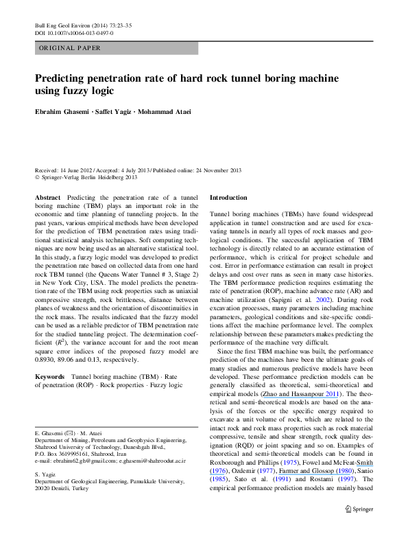 Pdf Predicting Penetration Rate Of Hard Rock Tunnel Boring Machine Using Fuzzy Logic 