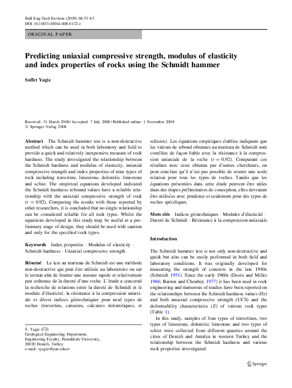 (PDF) Predicting uniaxial compressive strength, modulus of elasticity and index properties of ...