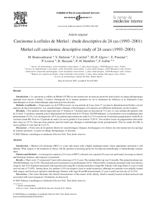 (PDF) Carcinome à cellules de Merkel : étude descriptive de 24 cas ...
