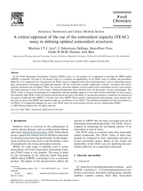 (PDF) A critical appraisal of the use of the antioxidant capacity (TEAC ...